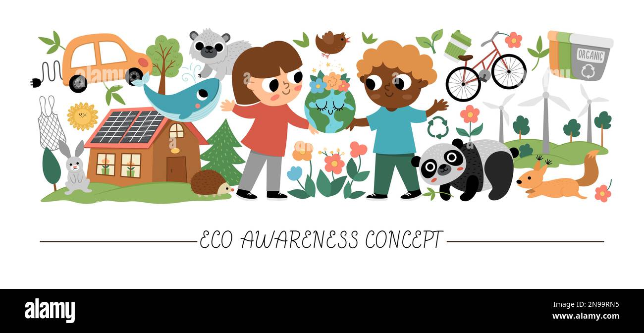 Vector ecological horizontal set with cute children caring of nature ...