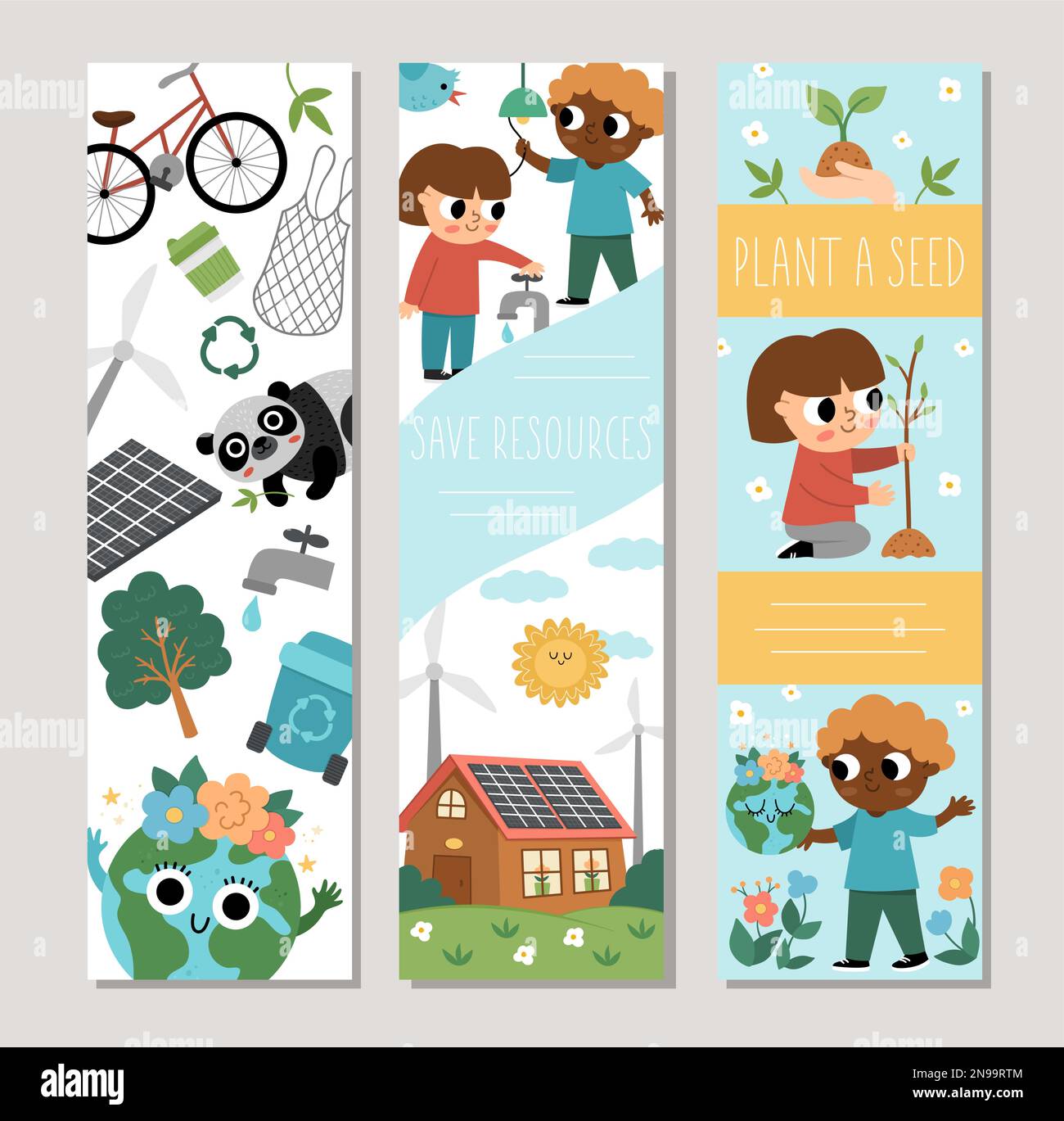 Ecological vertical cards set with cute children, planet, waste ...