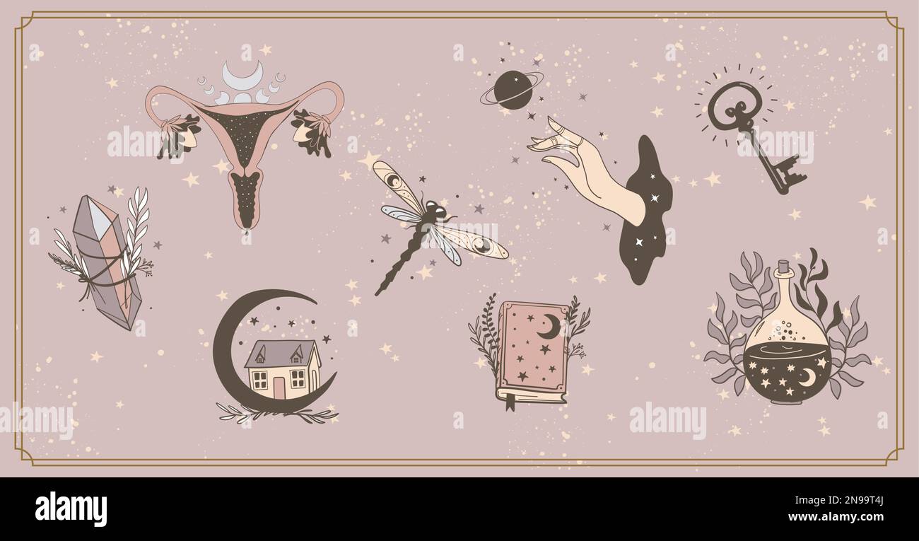 Set of mystical female symbols for witch, tarot divination, halloween ...