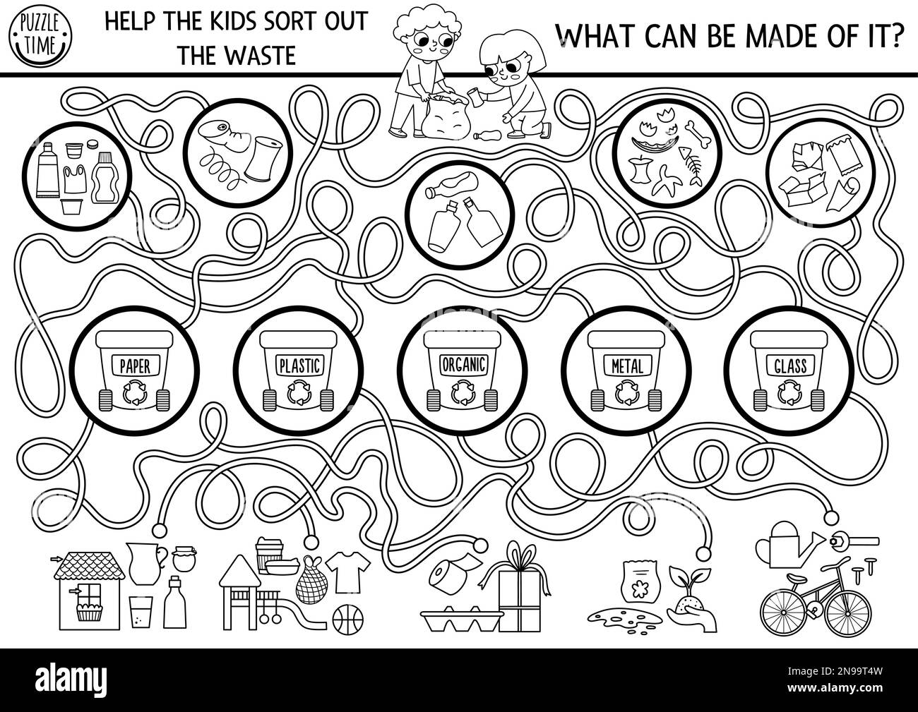 Ecological black and white maze for children with kids sorting out the ...