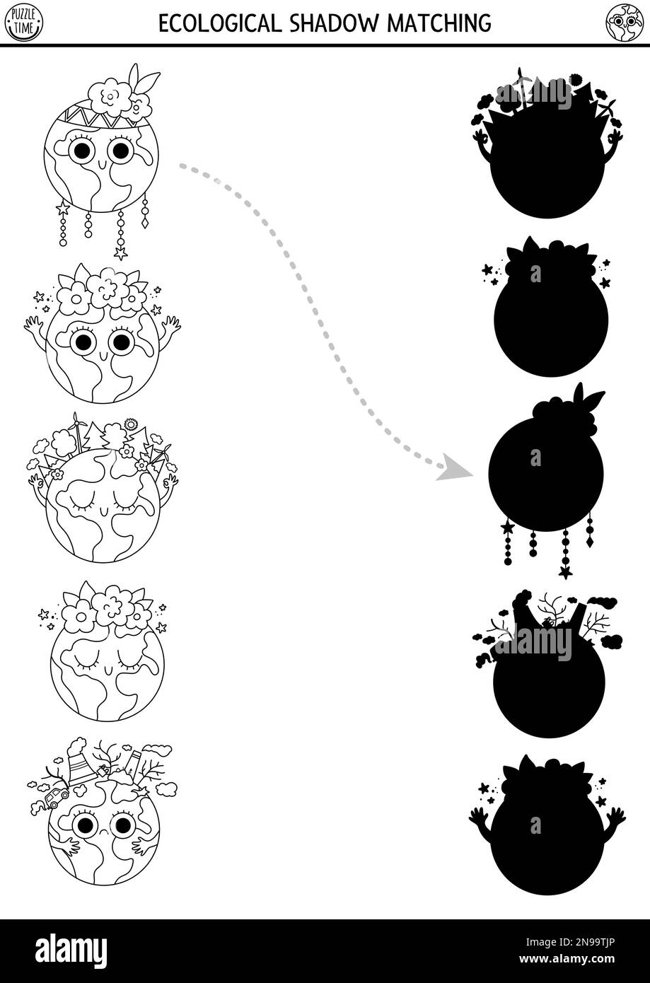 Ecological black and white shadow matching activity with cute planets ...