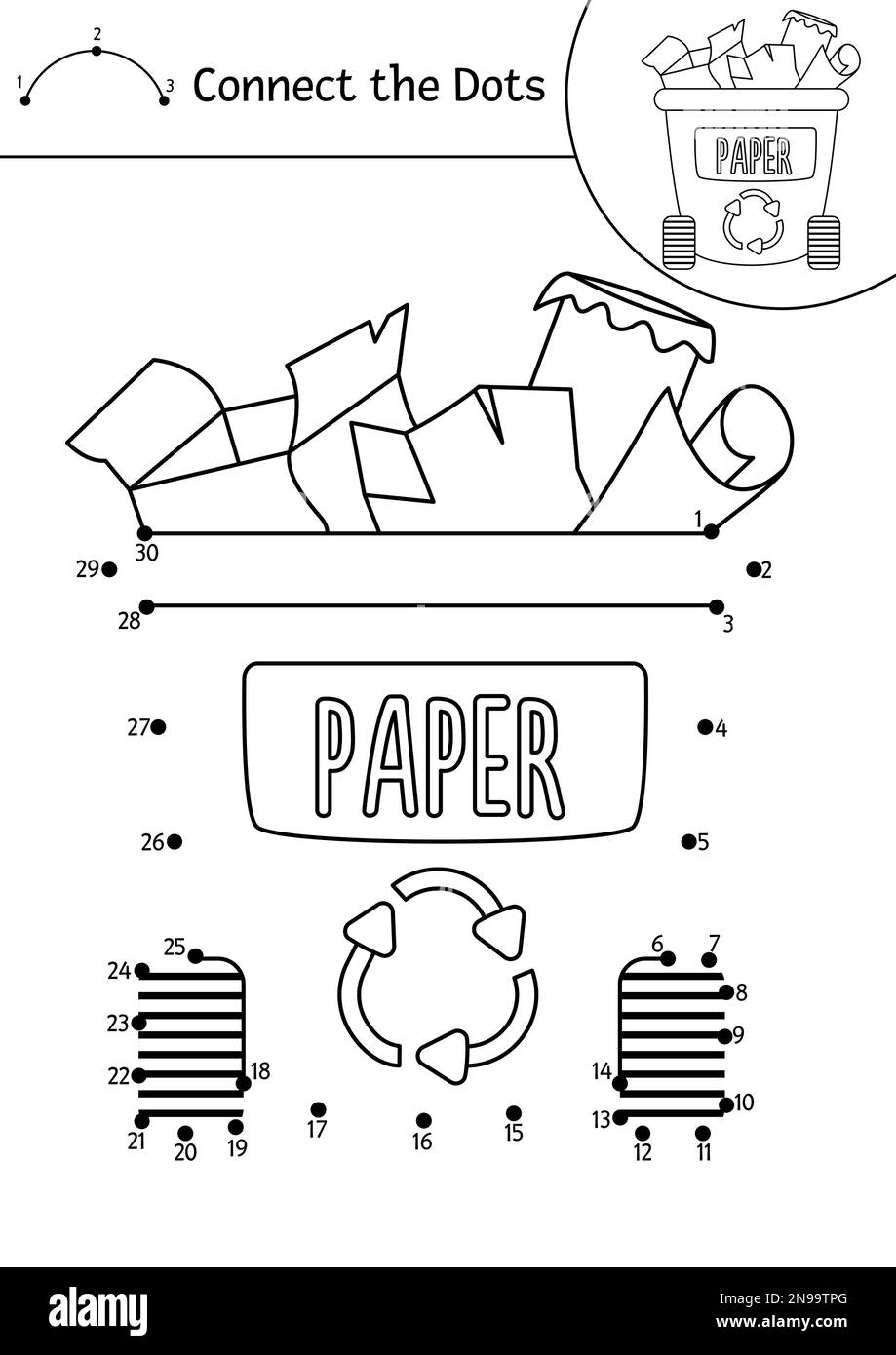 Vector dot-to-dot and color activity with cute waste container with ...