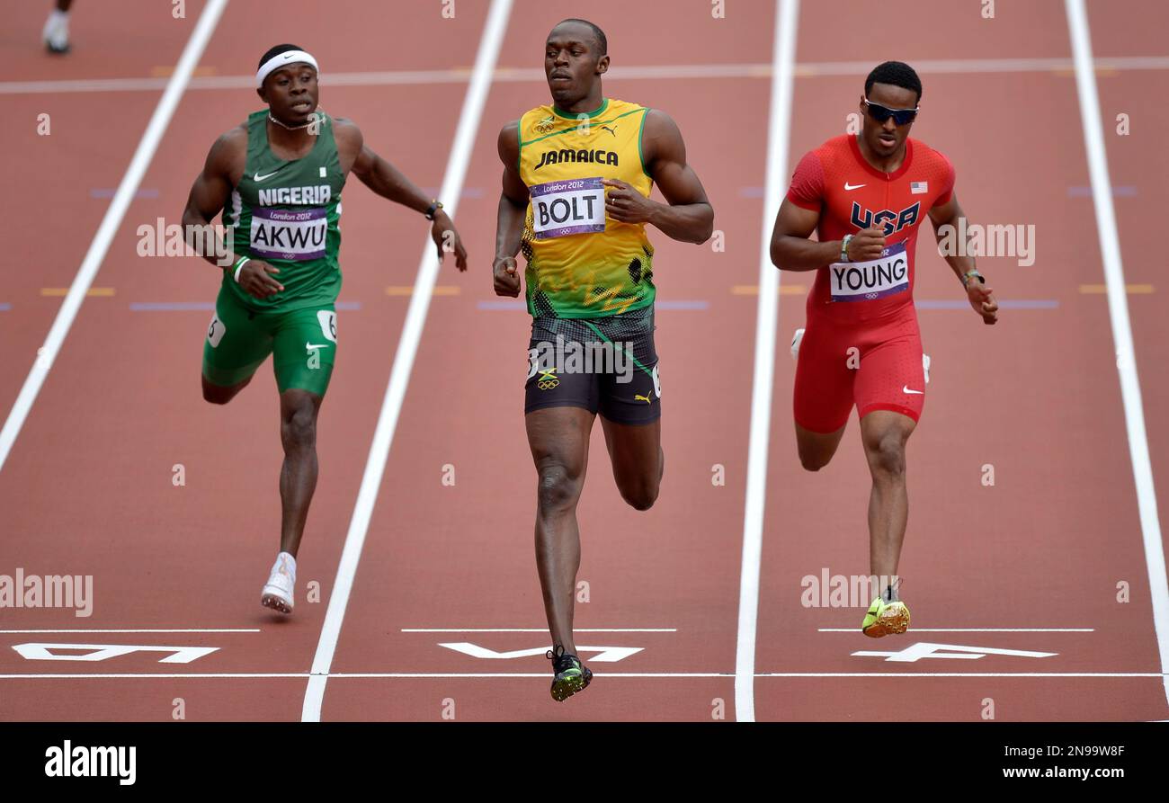 Nigeria's Noah Akwu, left, Jamaica's Usain Bolt, center, and United ...