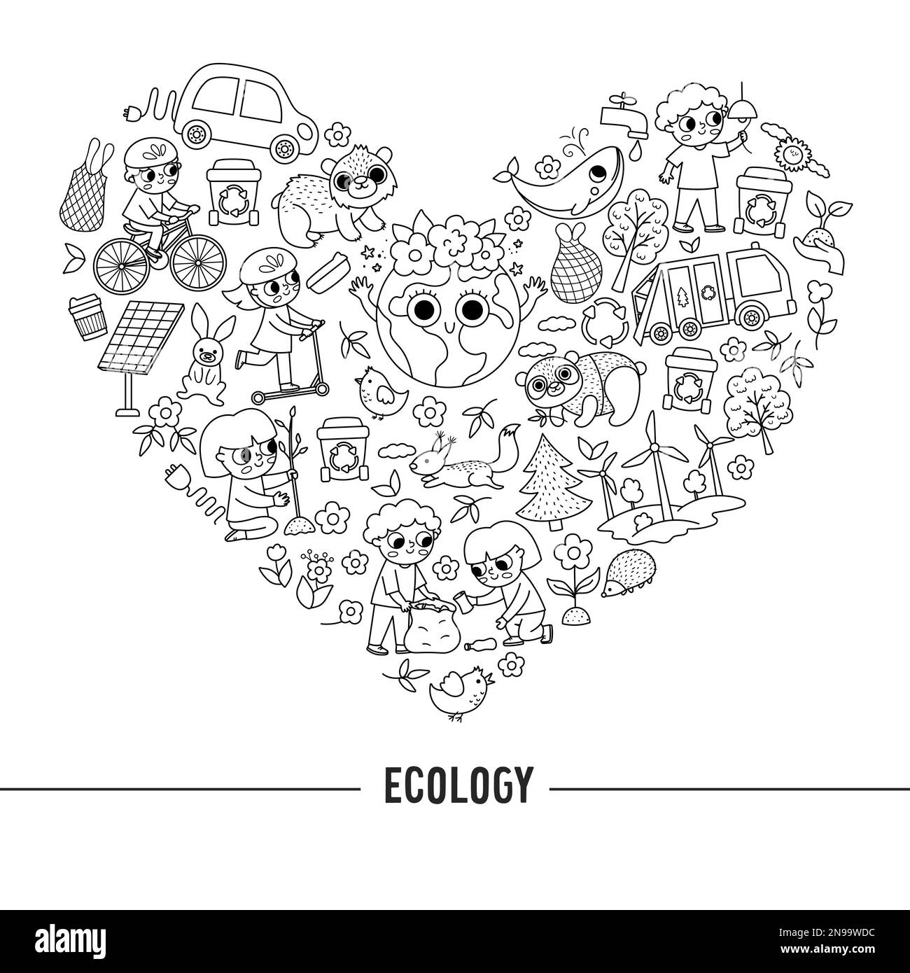 Vector black and white ecological heart shaped frame with cute children ...