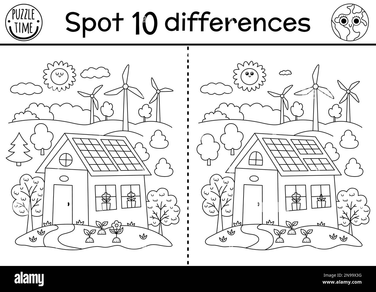 Find differences game. Ecological black and white educational activity ...