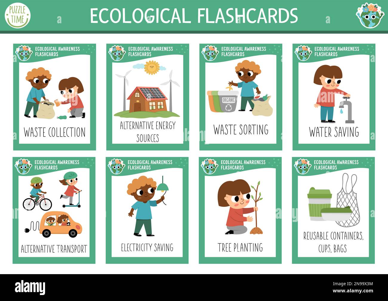 Vector flash cards set with kids caring of environment. Ecological ...