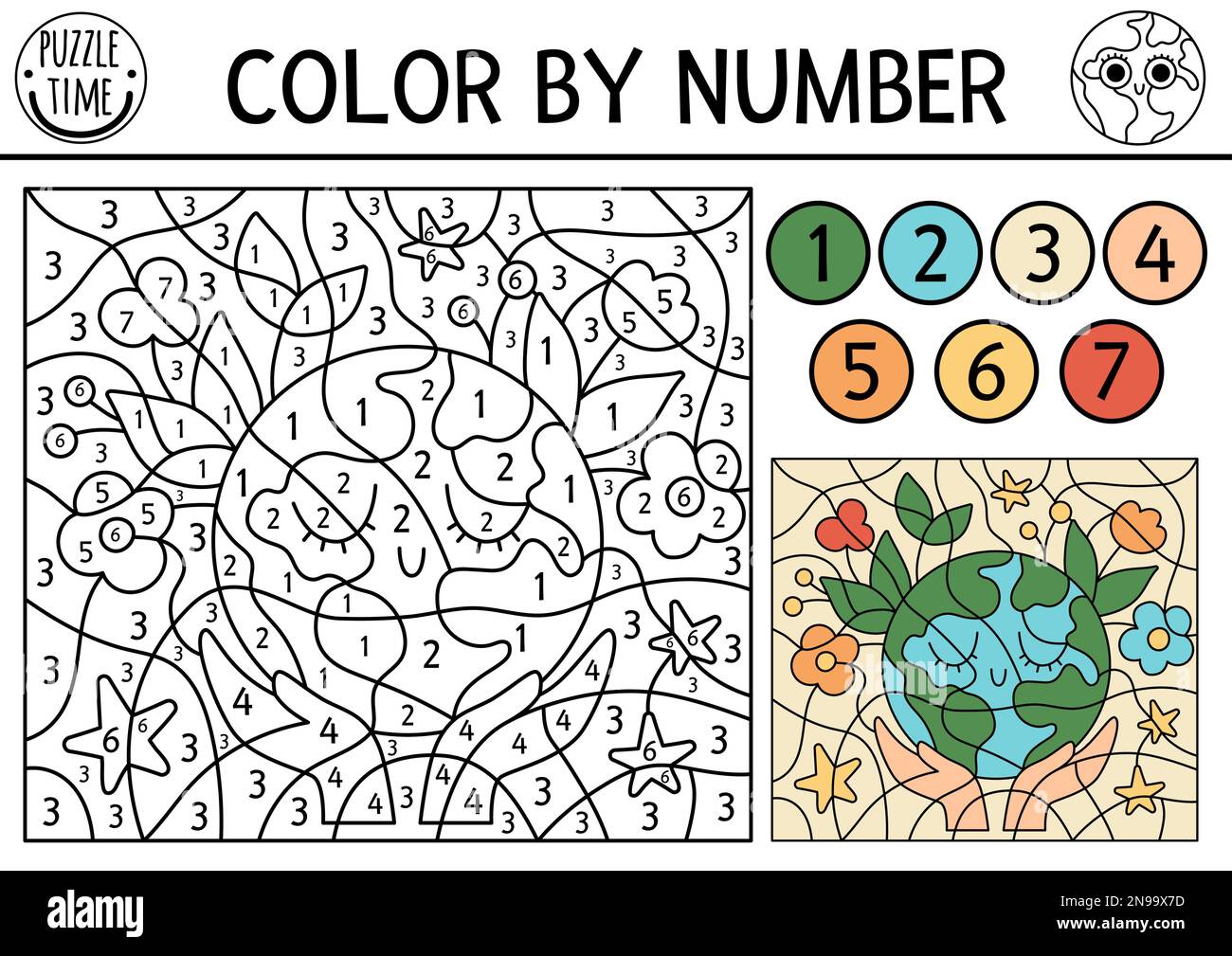 Vector ecological color by number activity with hands holding planet ...