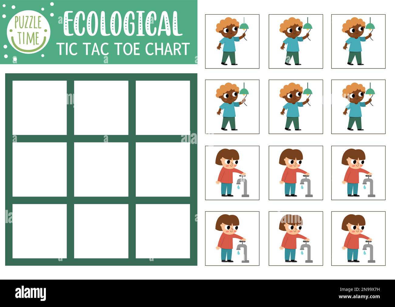 Vector ecological tic tac toe chart with cute kids saving water and ...