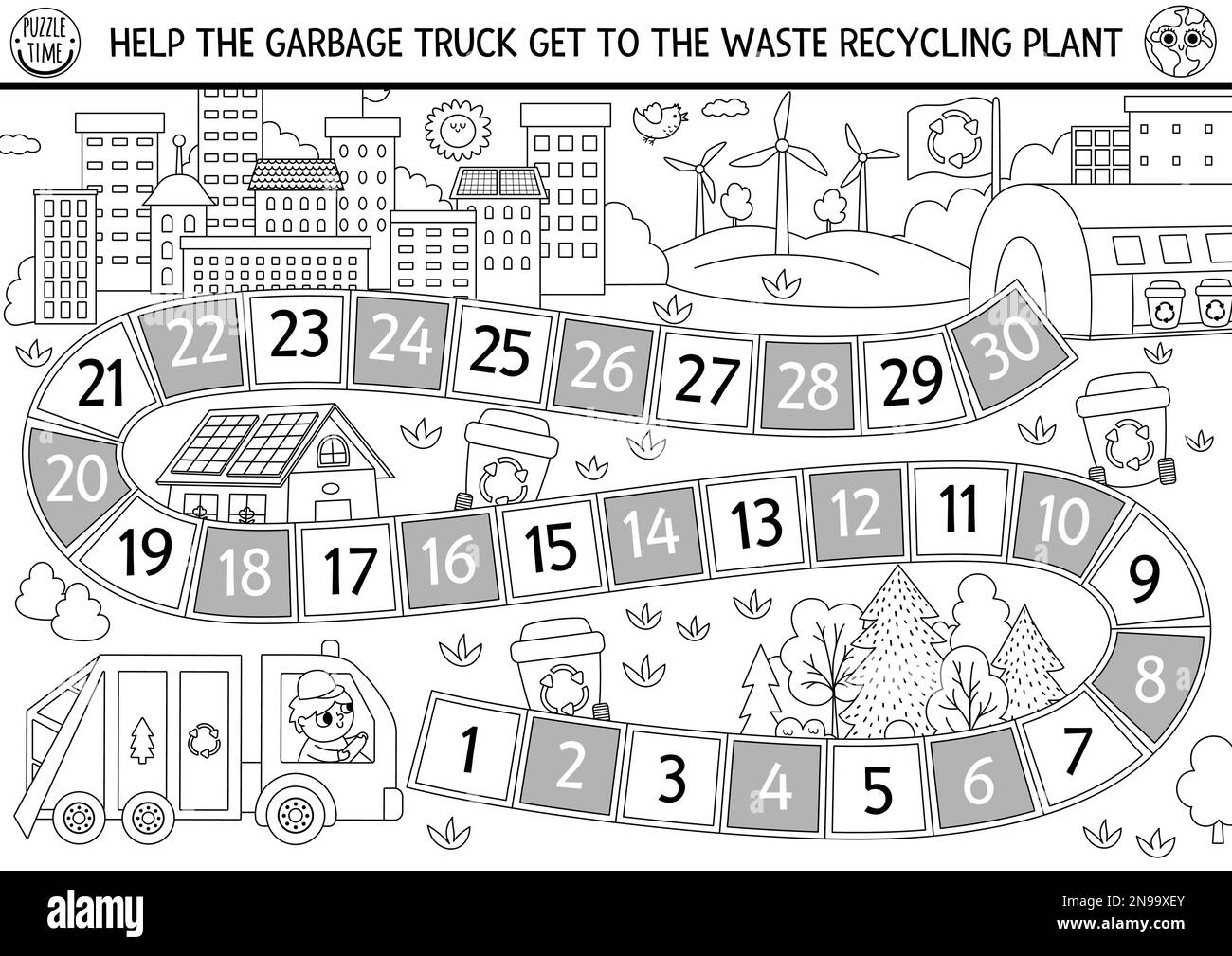 Ecological black and white dice board game for children with garbage ...