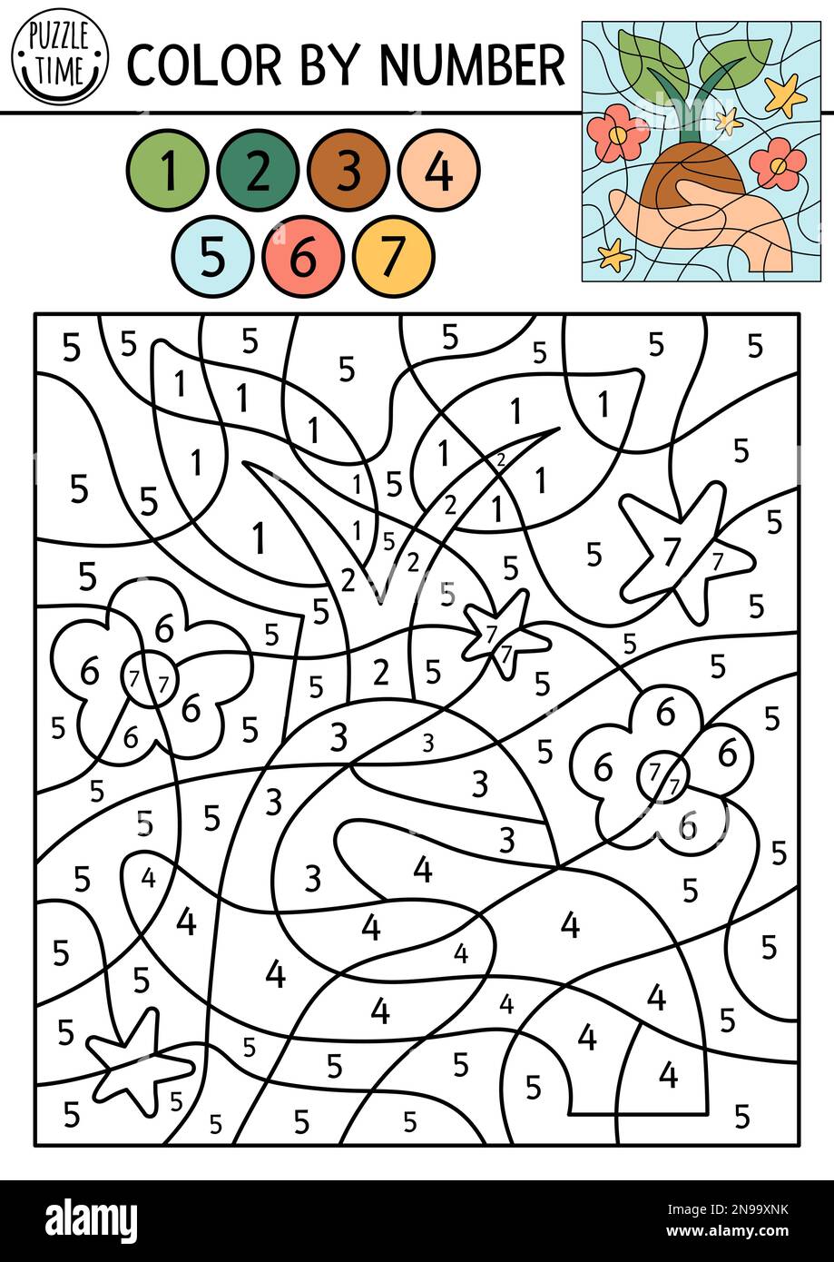 Vector ecological color by number activity with hands holding plant ...