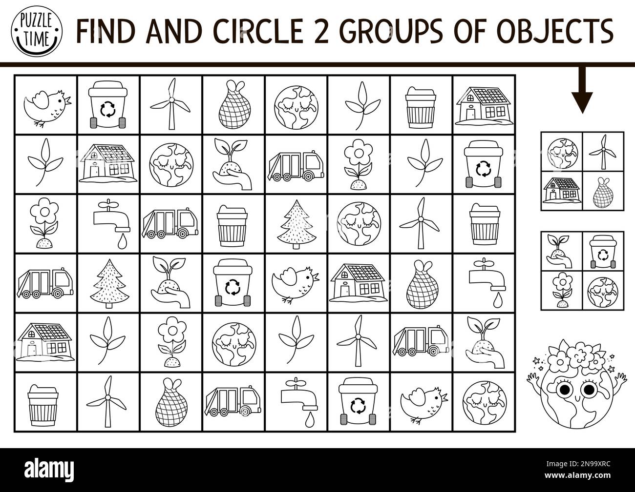 Ecological seek and find game with traditional symbols. Black and white attention skills ...
