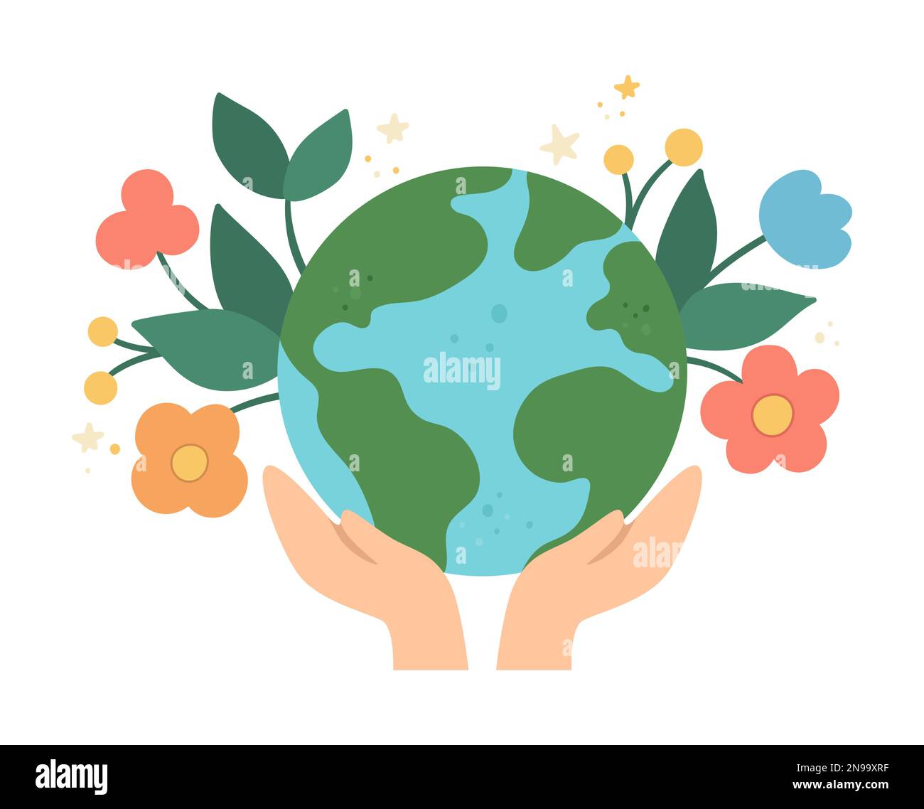 Vector hands holding earth with flowers. Earth day illustration with ...