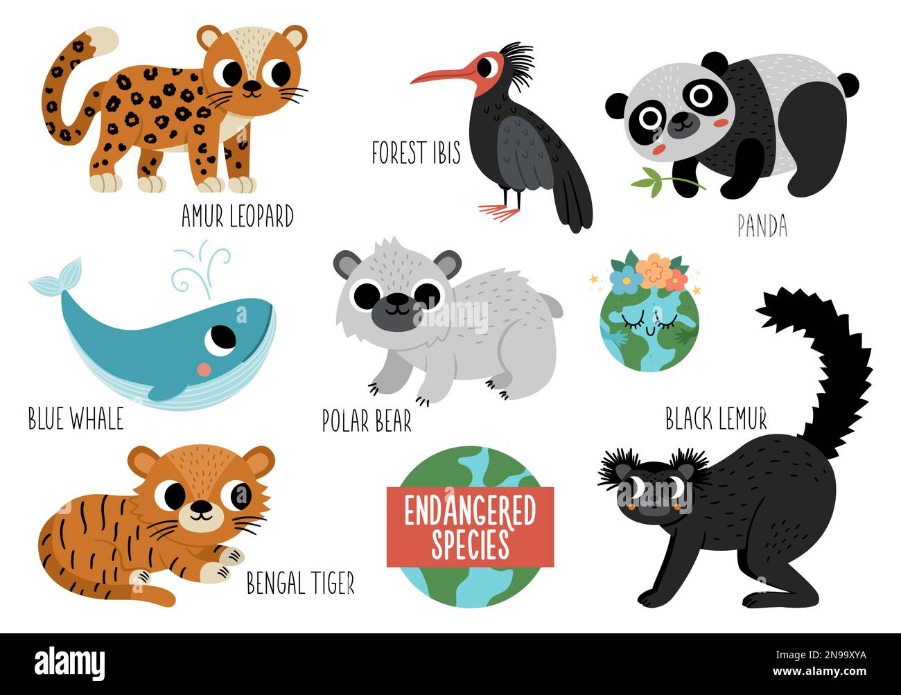 Vector endangered species set. Cute extinct animals collection. Funny ...