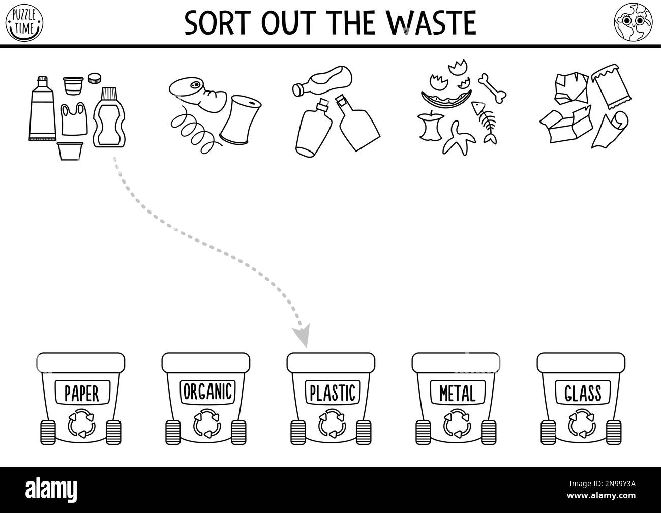 Ecological black and white matching activity with waste sorting concept ...