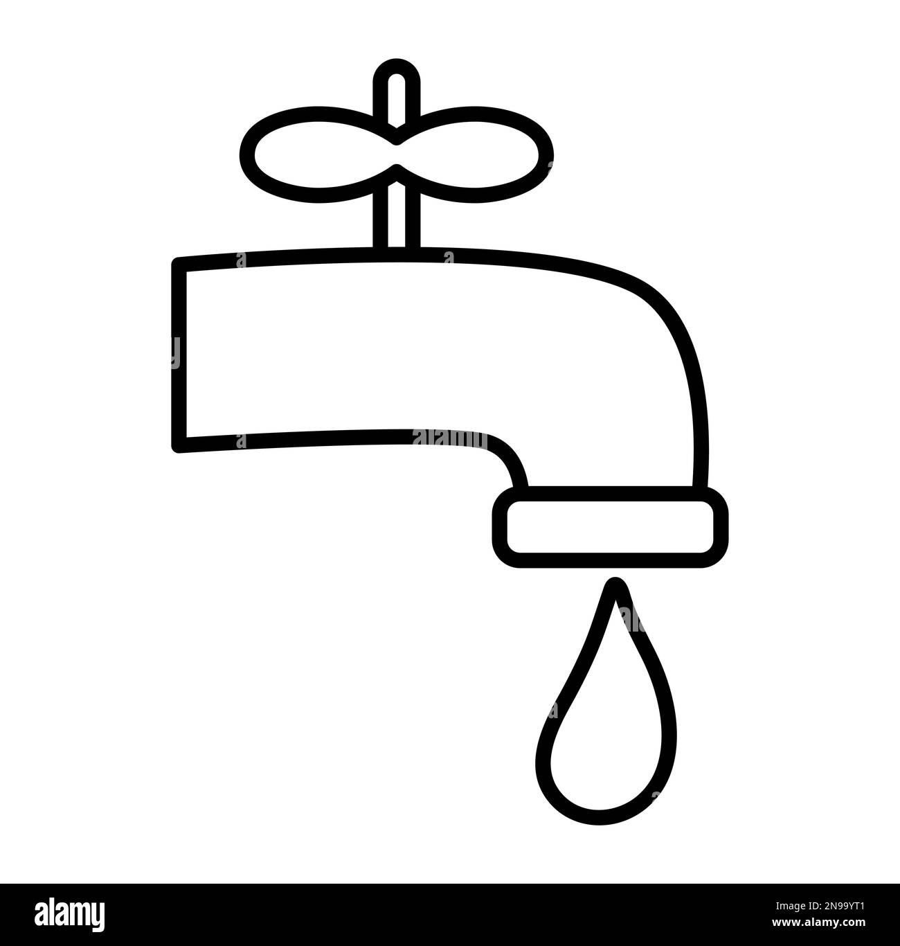 Vector black and white tap illustration. Water line faucet with drop ...