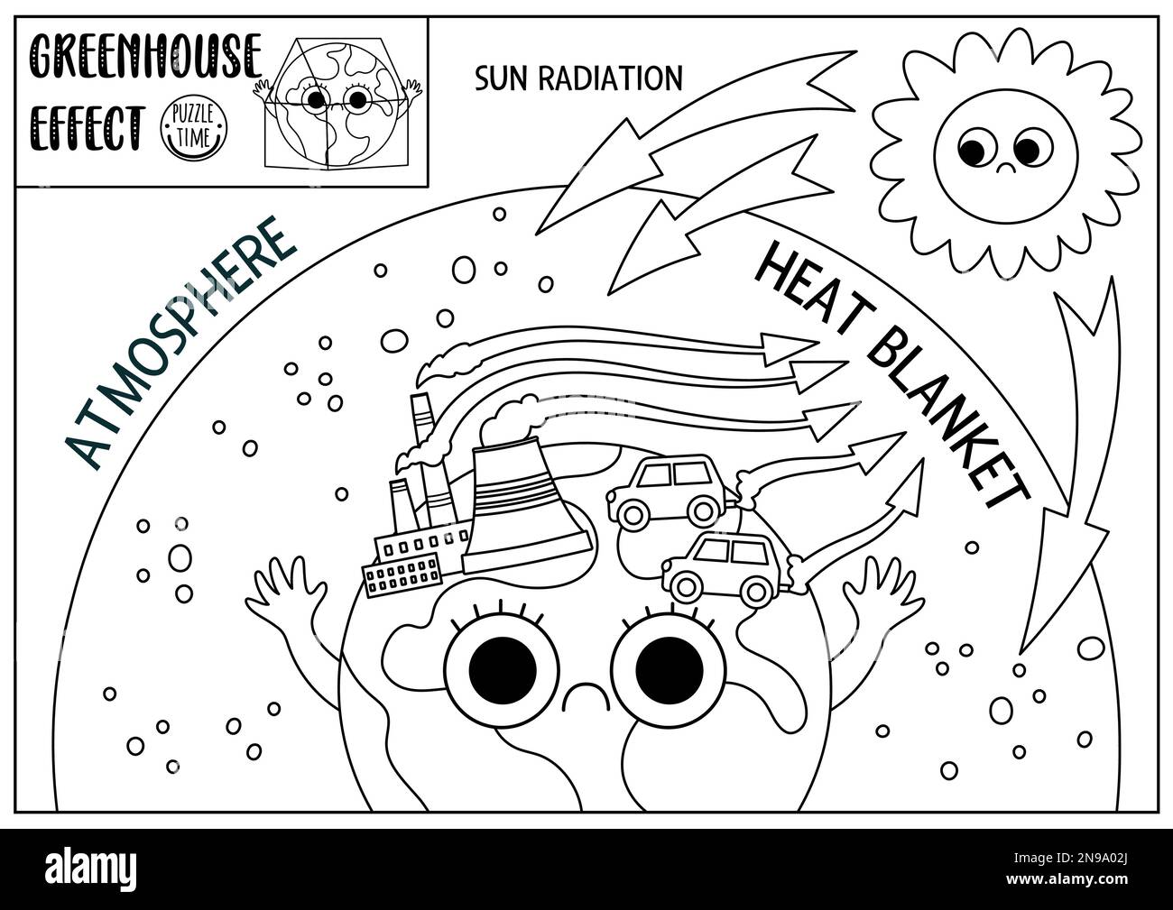 Greenhouse effect banner for kids. Kawaii style black and white ...