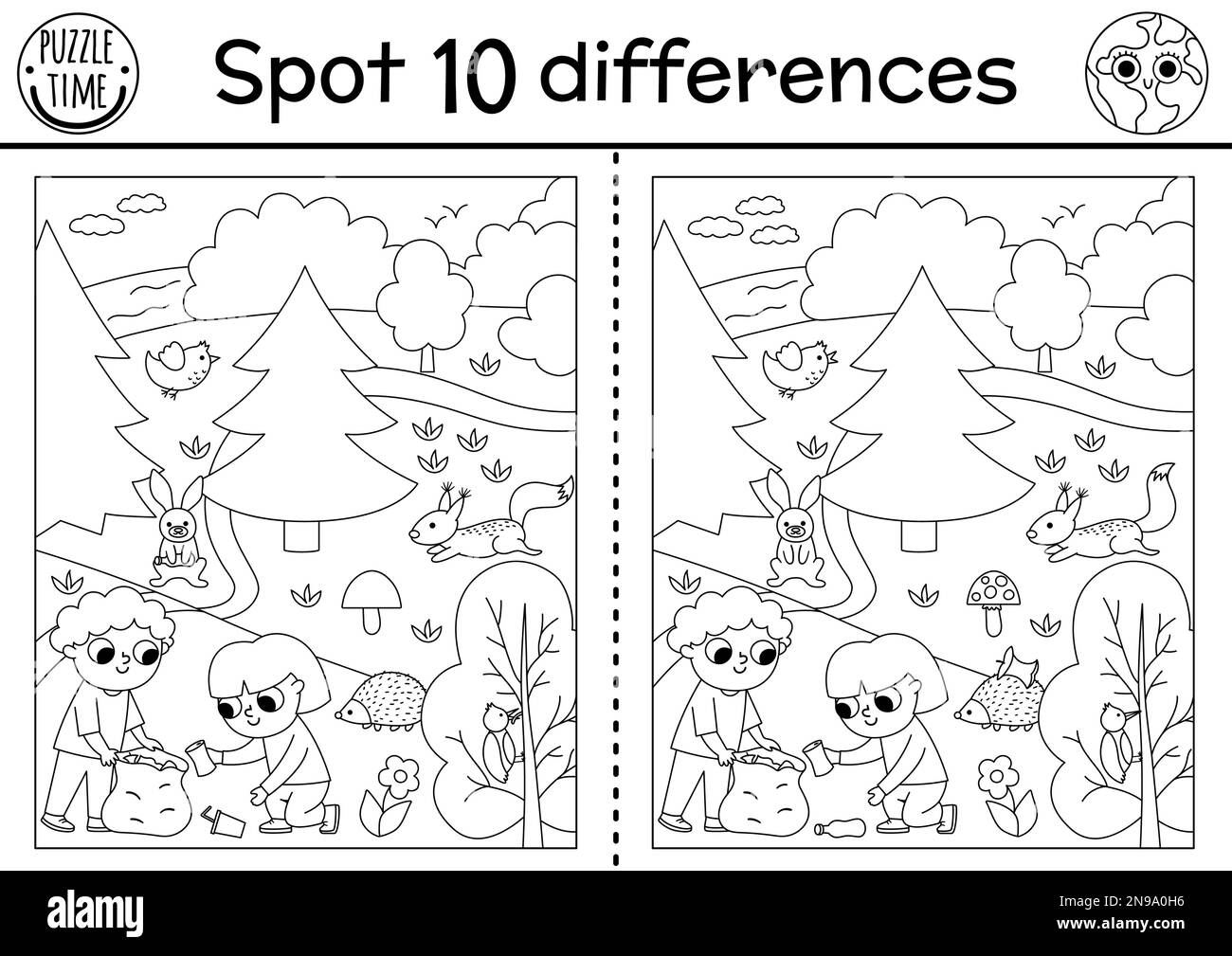 Find differences game. Ecological black and white educational activity ...