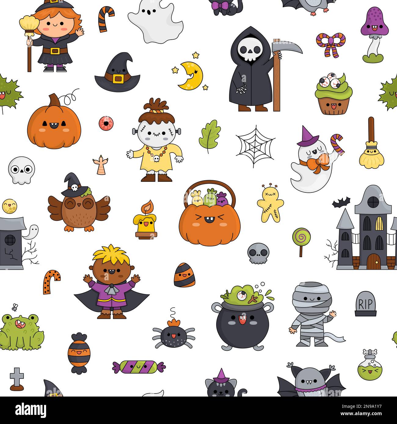 Vector kawaii Halloween seamless pattern for kids. Cute cartoon Samhain ...