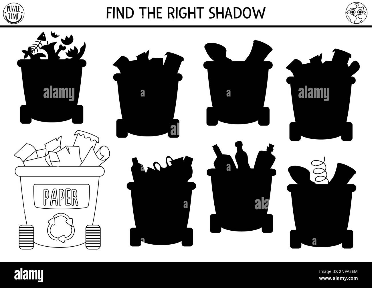 Ecological black and white shadow matching activity with waste sorting ...