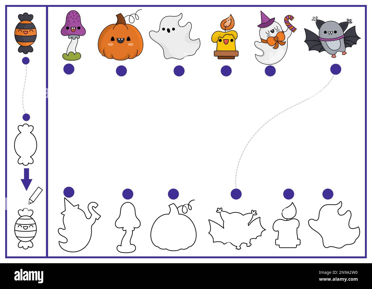 Halloween shape matching, coloring and drawing activity. Autumn holiday ...
