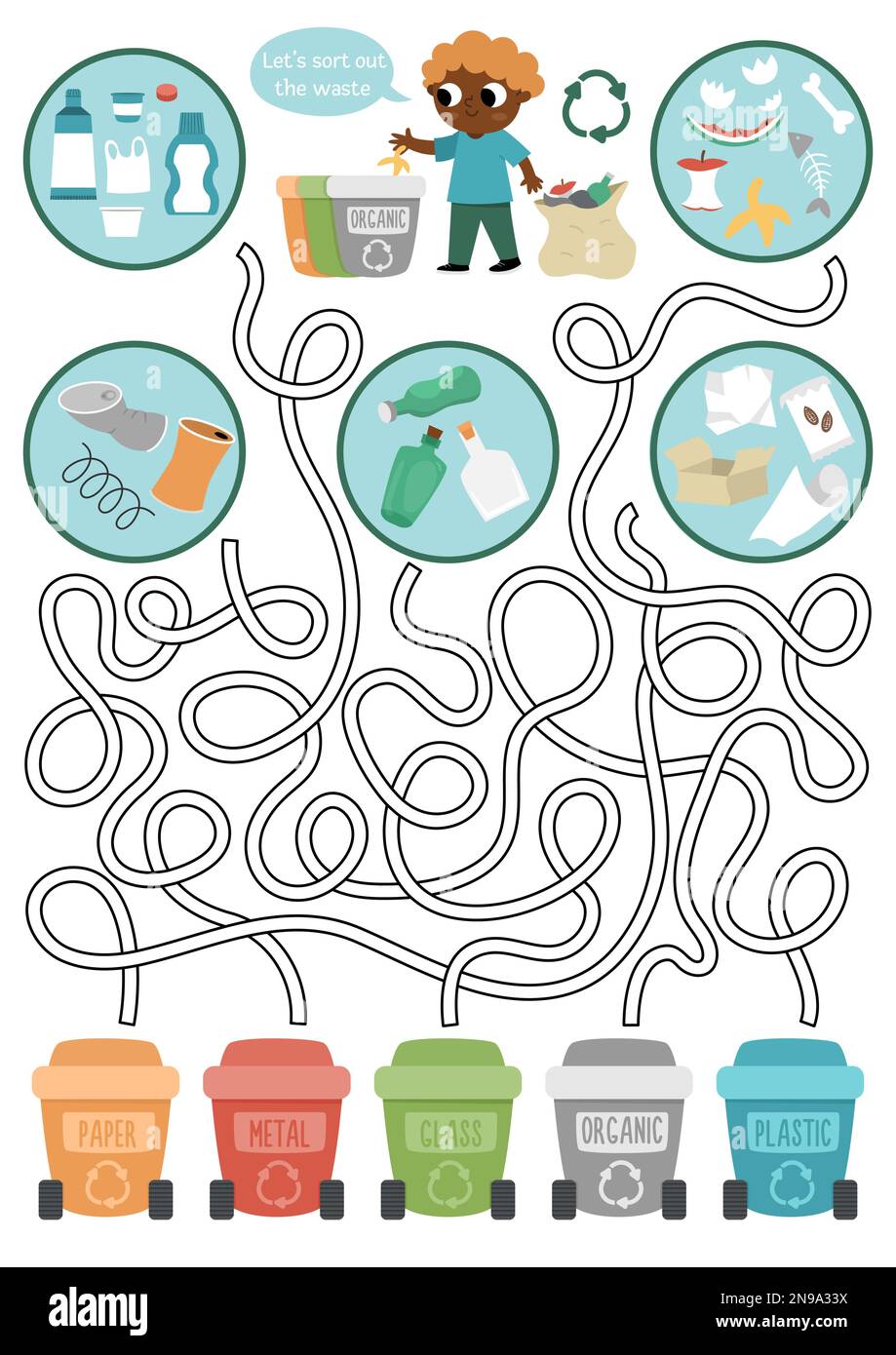 Ecological maze for children with kid sorting out the rubbish. Earth ...