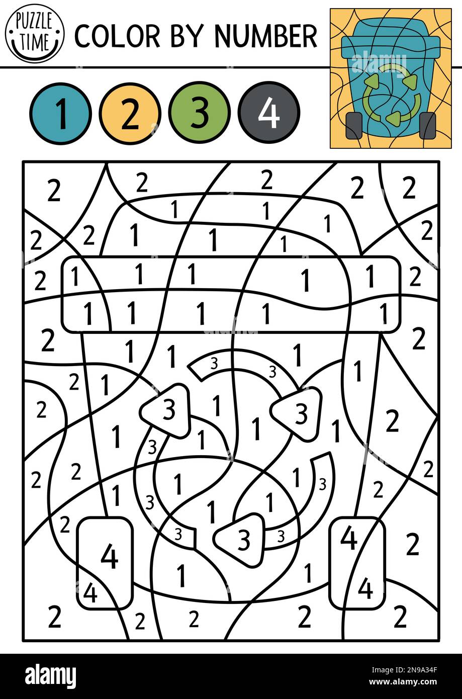 Vector ecological color by number activity with rubbish container. Eco ...