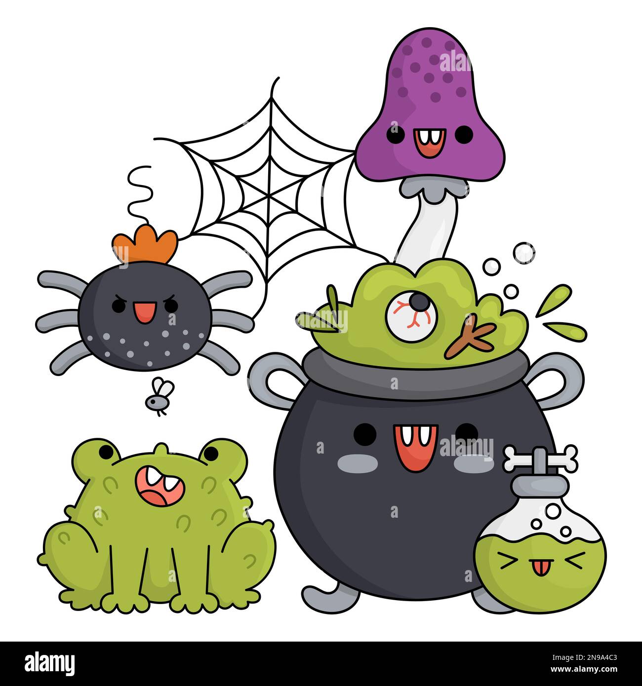 Vector kawaii cauldron with frog, potion, mushroom and spider on the ...