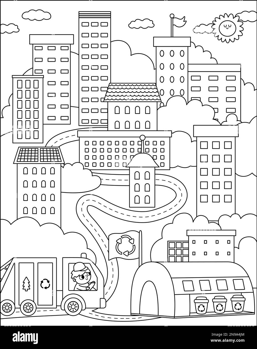 Vector black and white eco city scene. Ecological town landscape with ... Vector black and white eco city scene. Ecological town landscape with ...