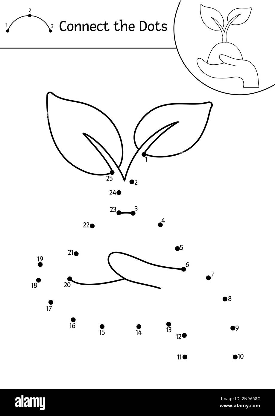 Vector dot-to-dot and color activity with hand holding plant ...