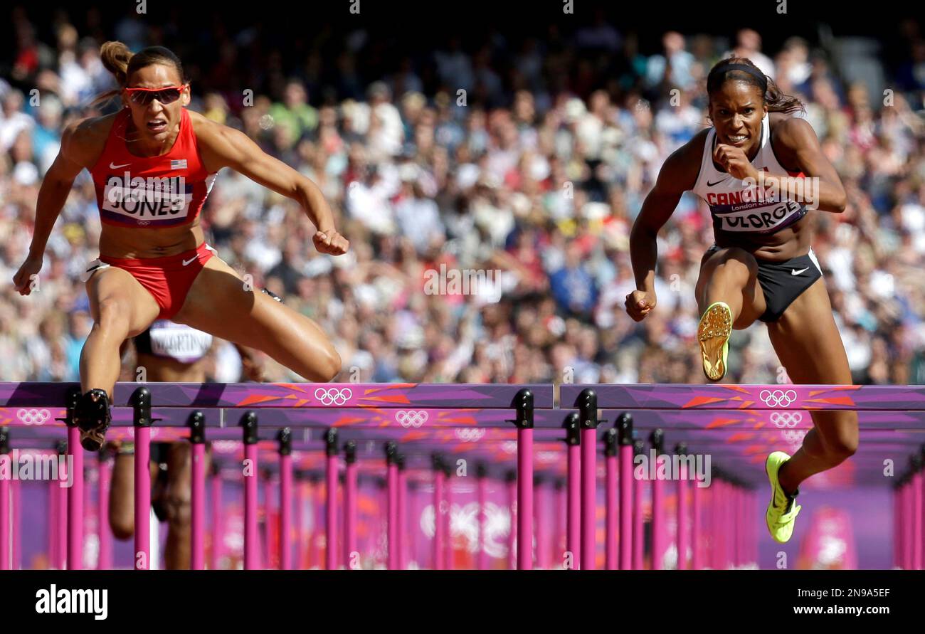 United States' Lolo Jones, left, and Canada's Phylicia George, right ...