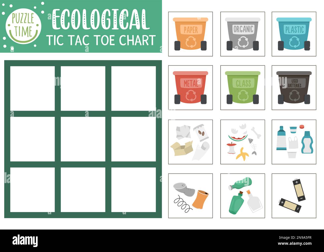Vector ecological tic tac toe chart with rubbish containers and waste ...