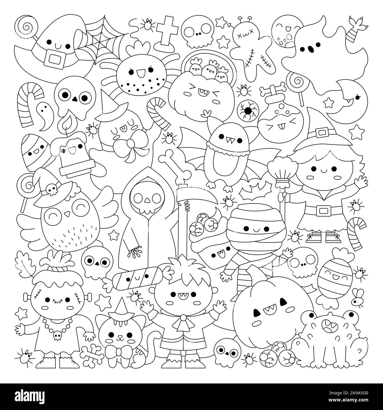 Vector Halloween square line coloring page for kids with cute kawaii ...