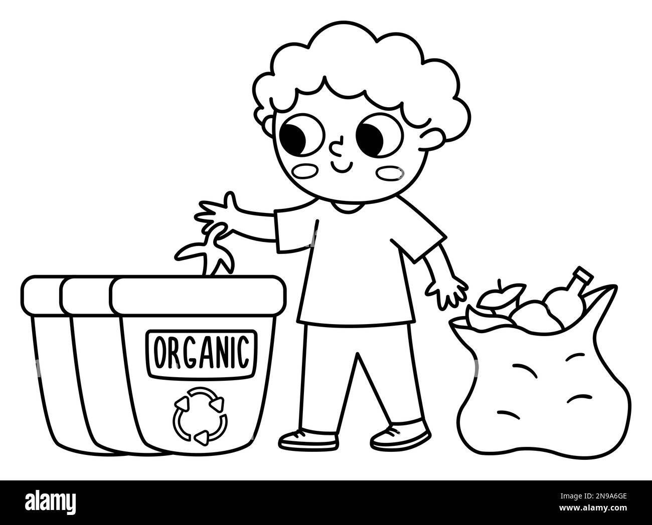 Cute black and white eco friendly kid sorting waste. Boy caring of ...