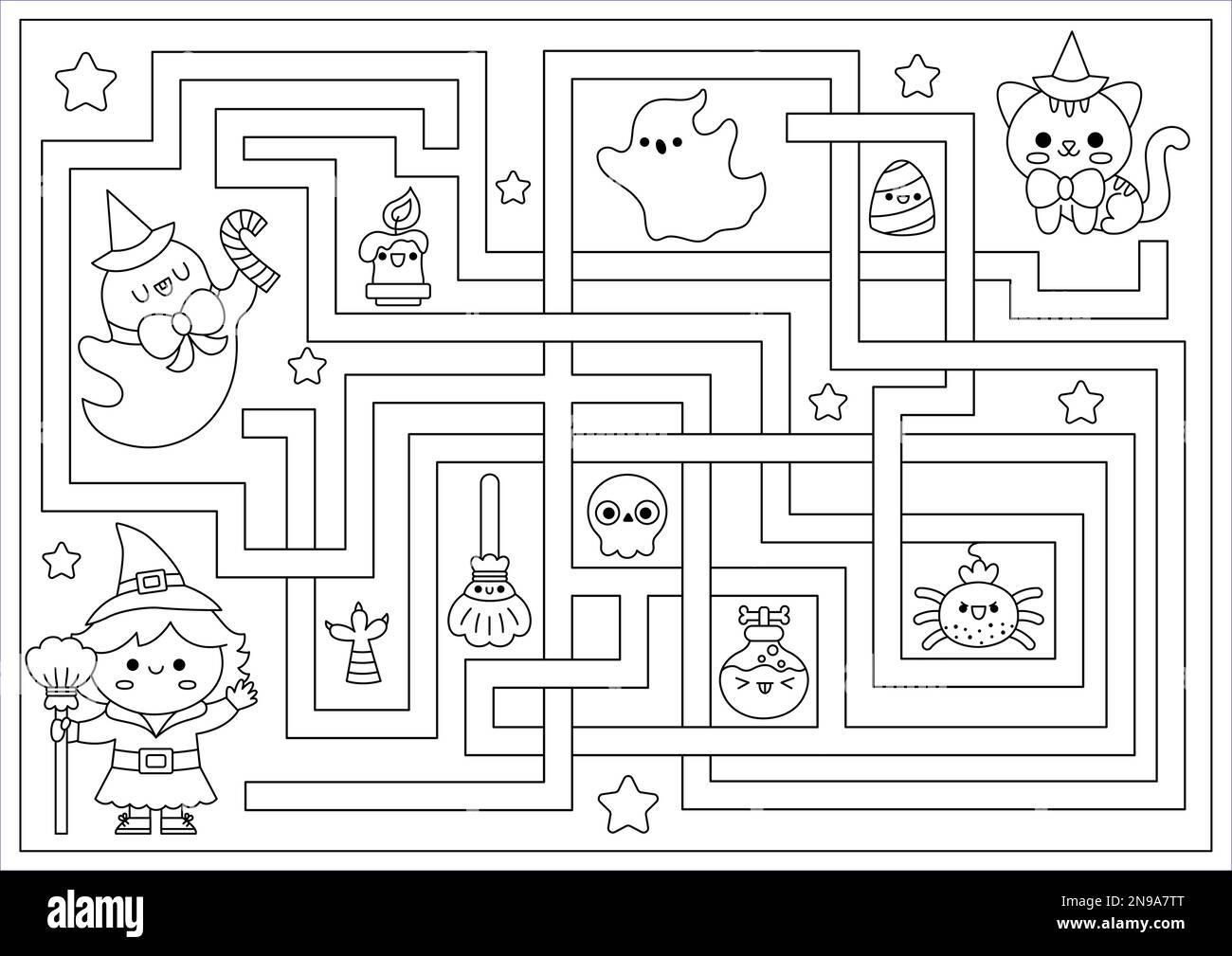 Halloween black and white maze for kids. Autumn holiday line preschool ...