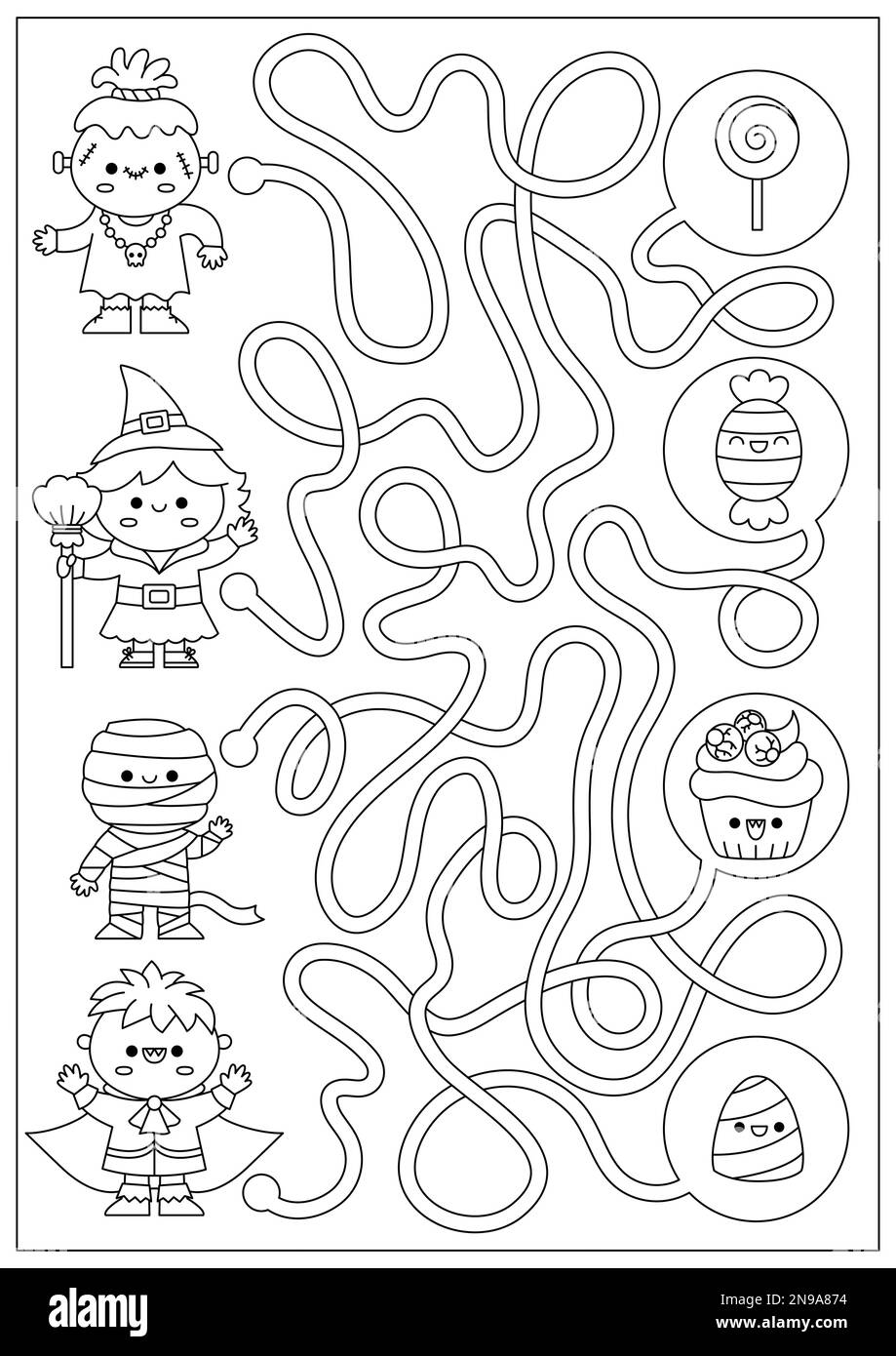Halloween black and white maze for kids. Autumn holiday line preschool ...