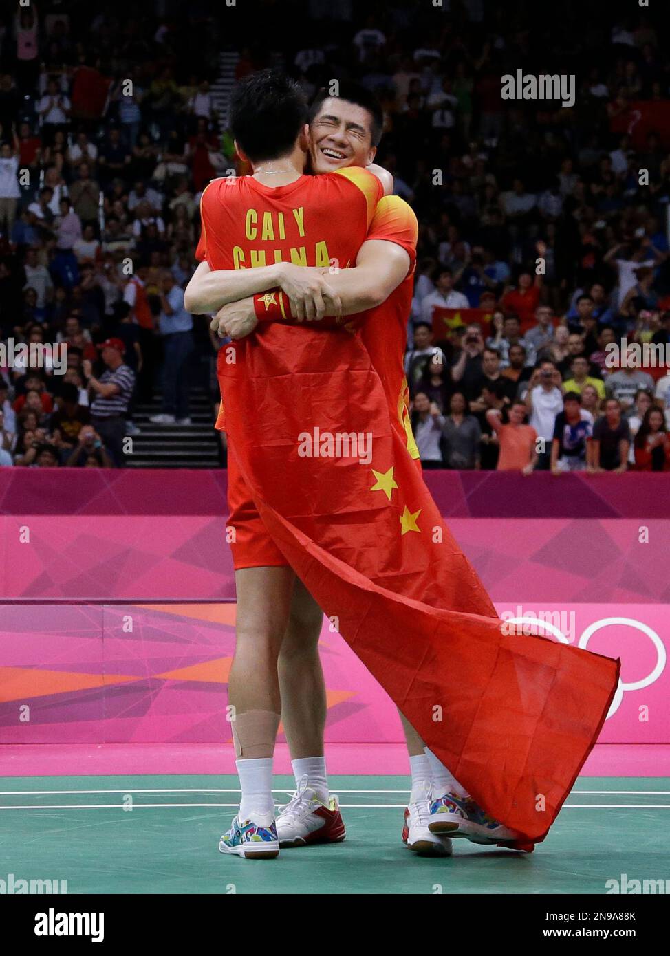 China's Fu Haifeng, right, and Cai Yun, celebrate with the national ...