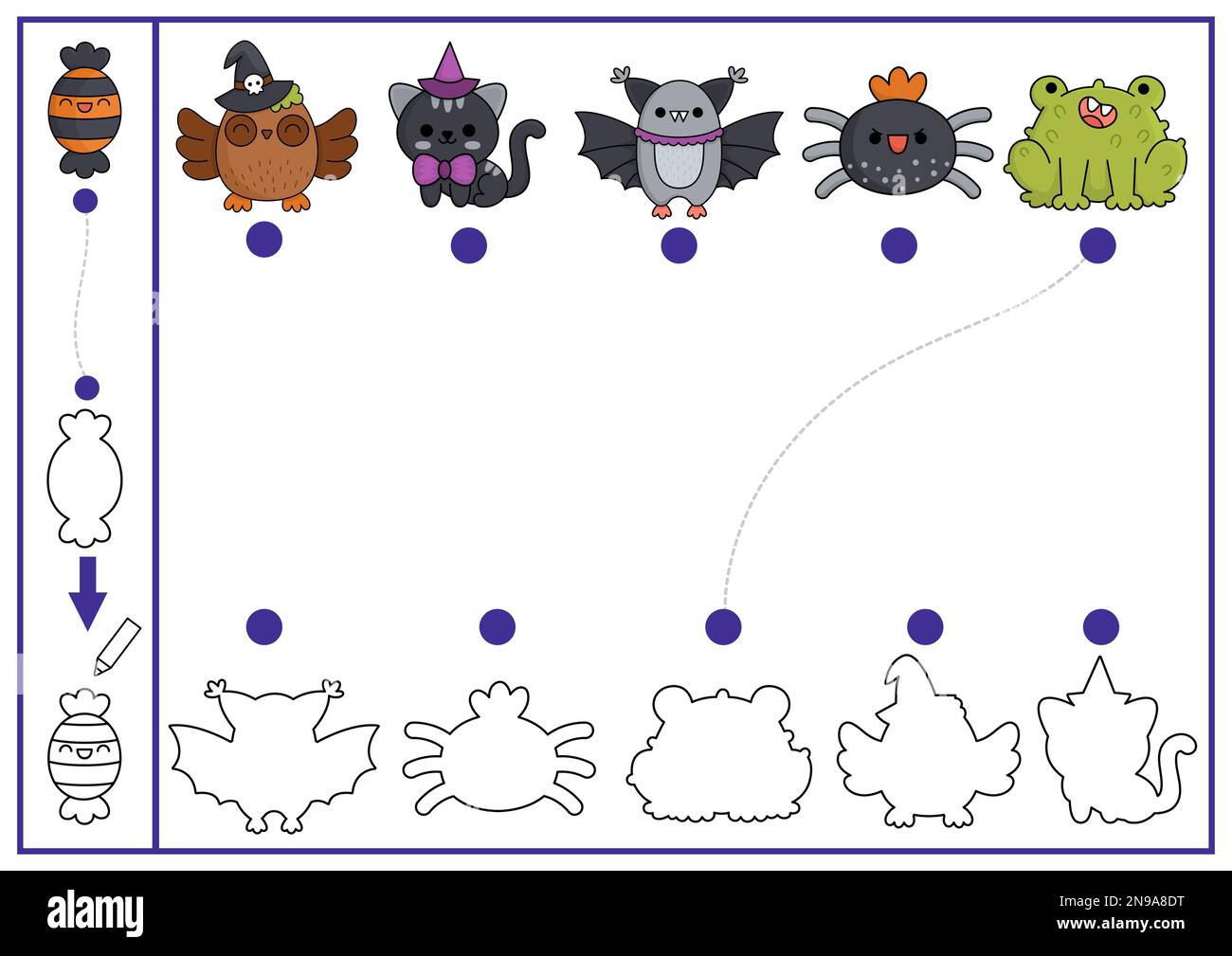 Halloween shape matching, coloring and drawing activity. Autumn holiday ...