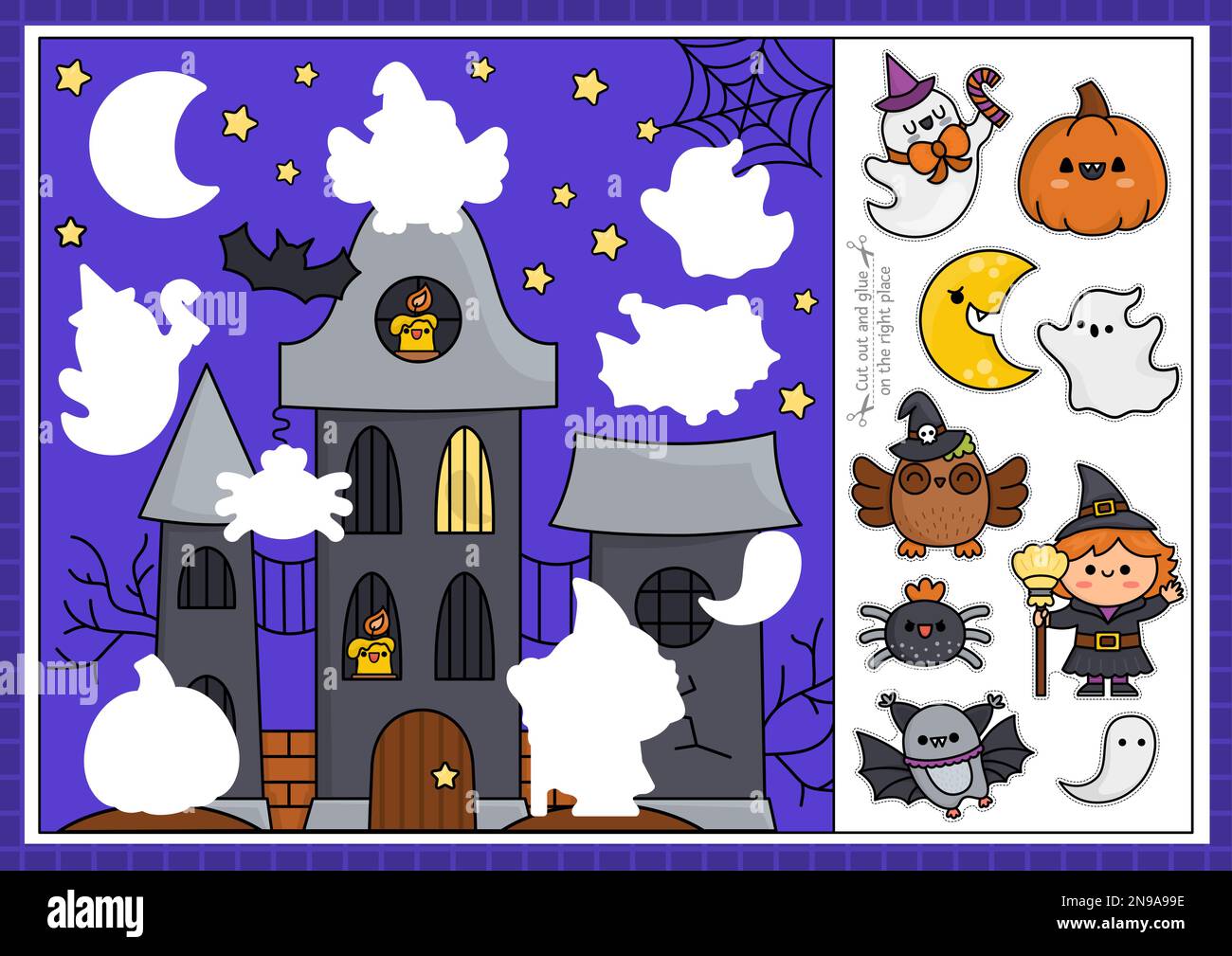 Vector Halloween cut and glue activity. Crafting game with cute kawaii ...