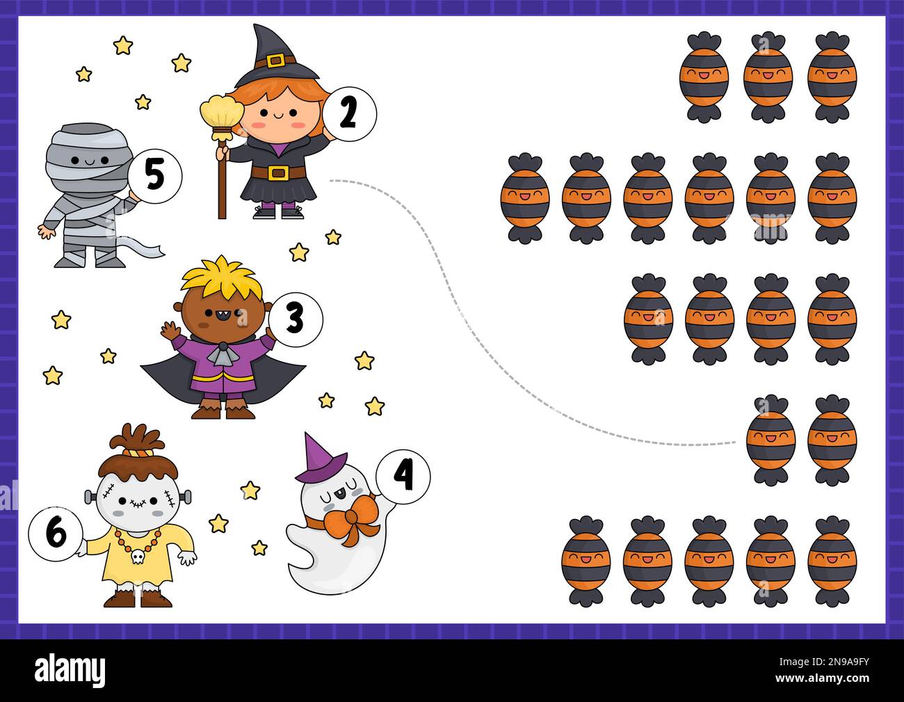 Halloween matching game with trick or treat sweets and cute kawaii kids ...
