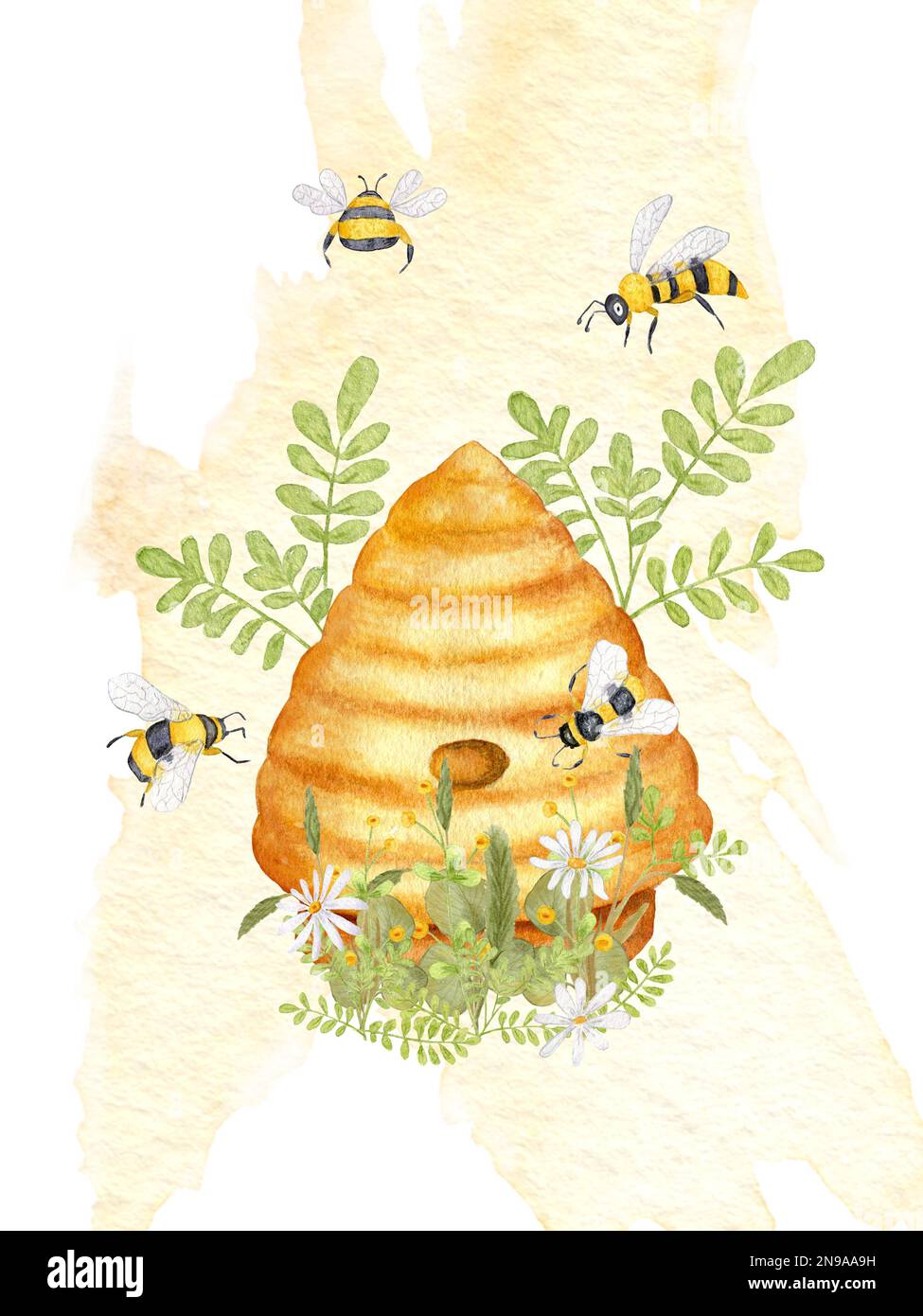 Watercolor illustration on the topic of beekeeping. Bee Hive in Grass ...