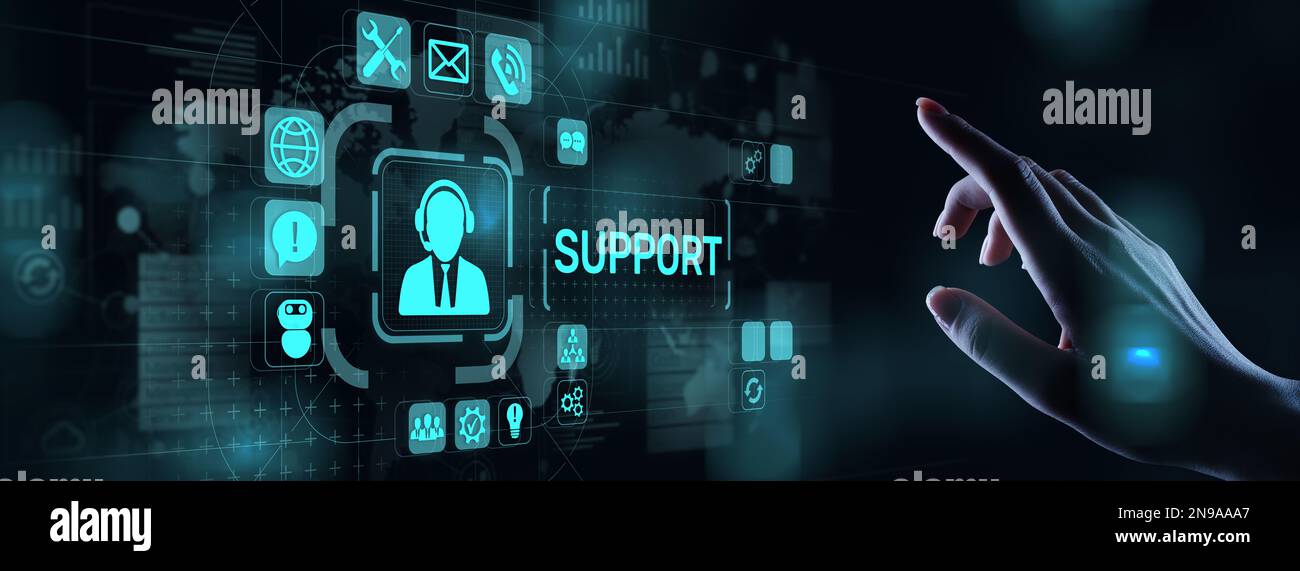 Support button on virtual screen. Customer service and communication ...