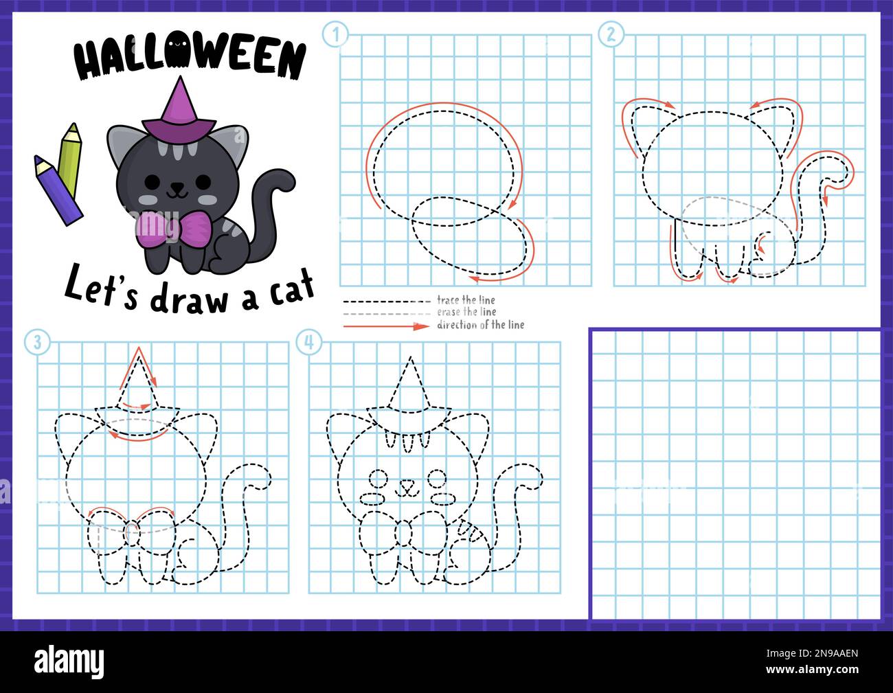 Halloween step by step drawing worksheet. How to draw a cat. Complete ...