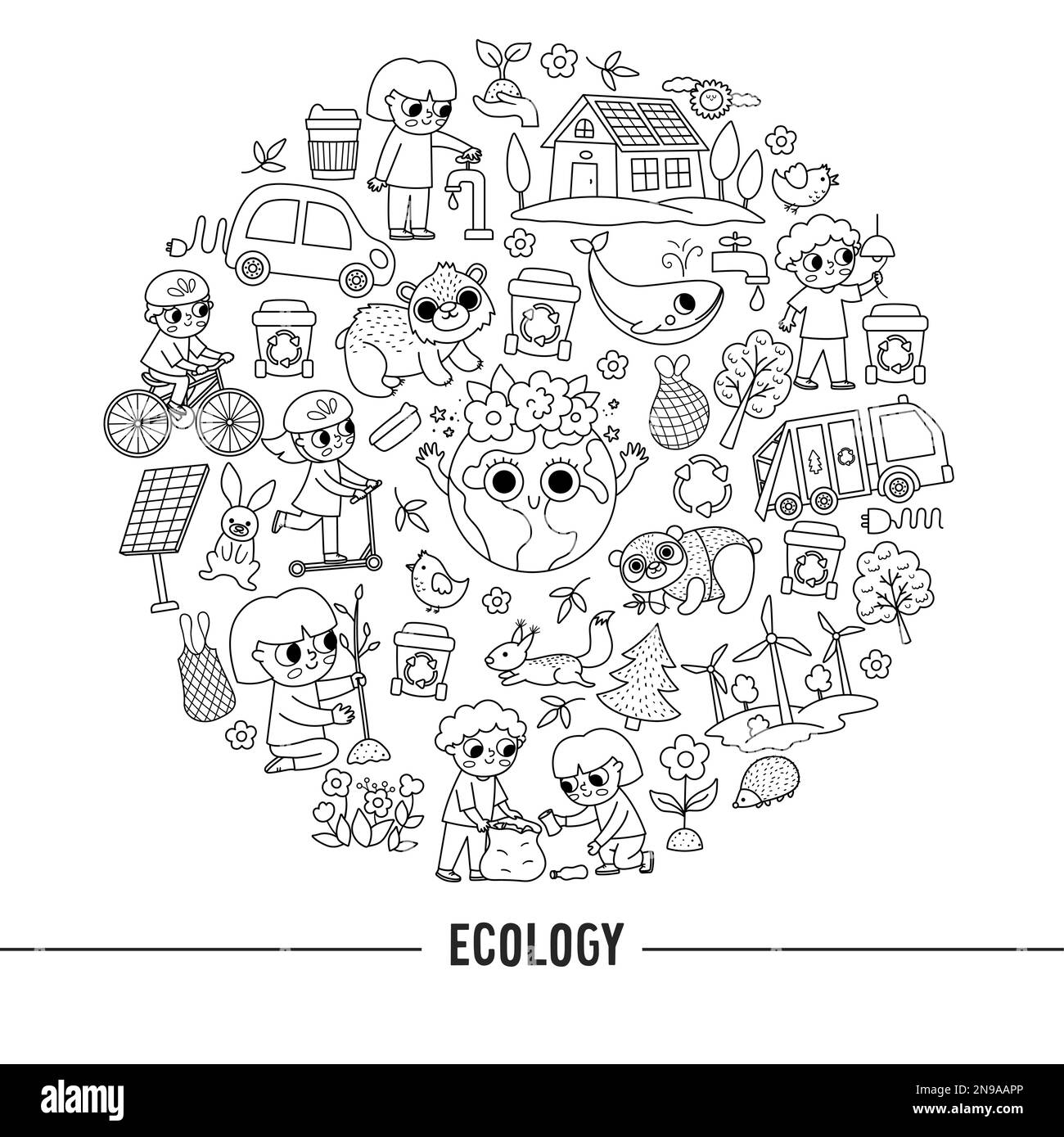 Vector black and white ecological round frame with cute children caring ...