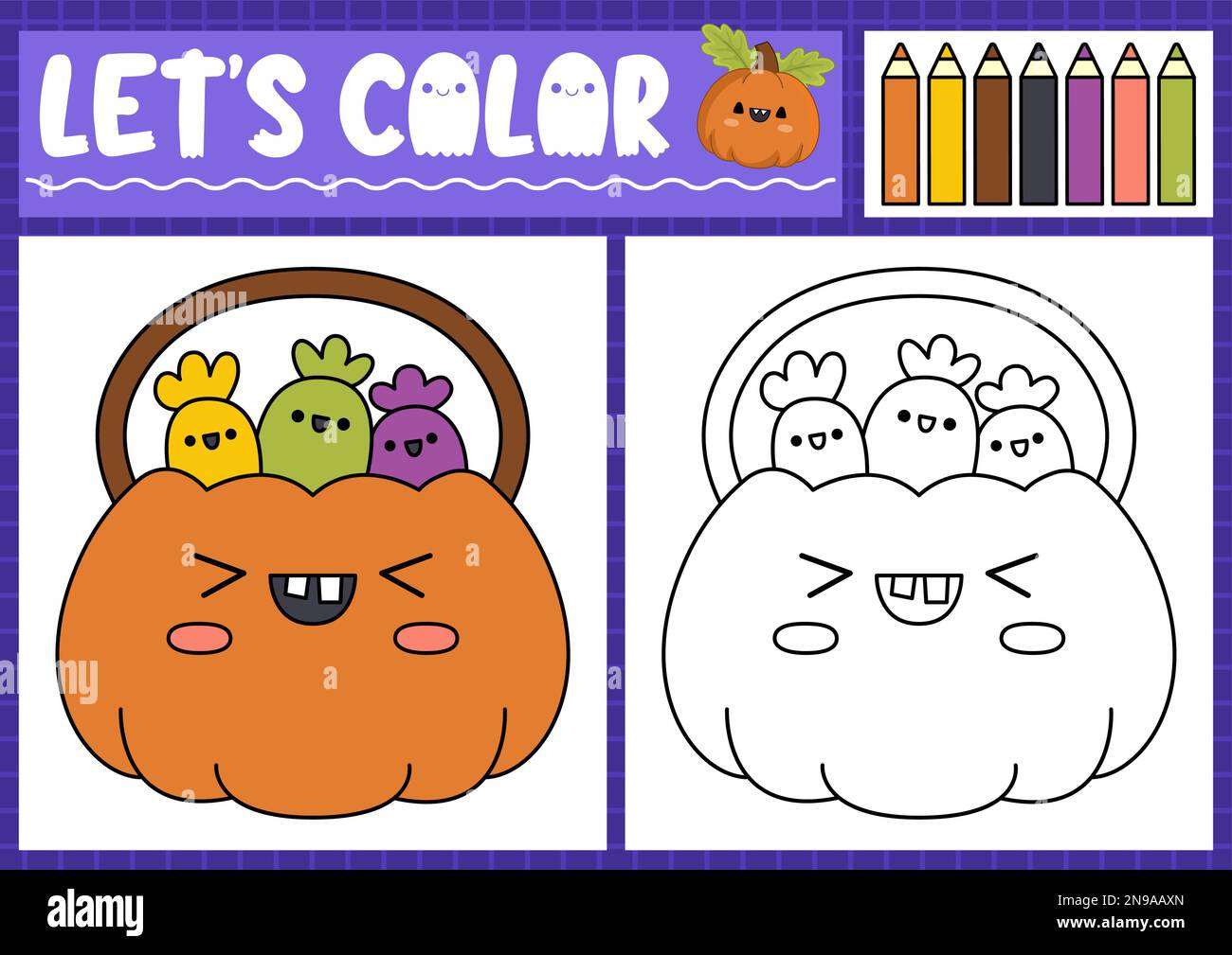Halloween coloring page for children with cute kawaii pumpkin, sweets ...