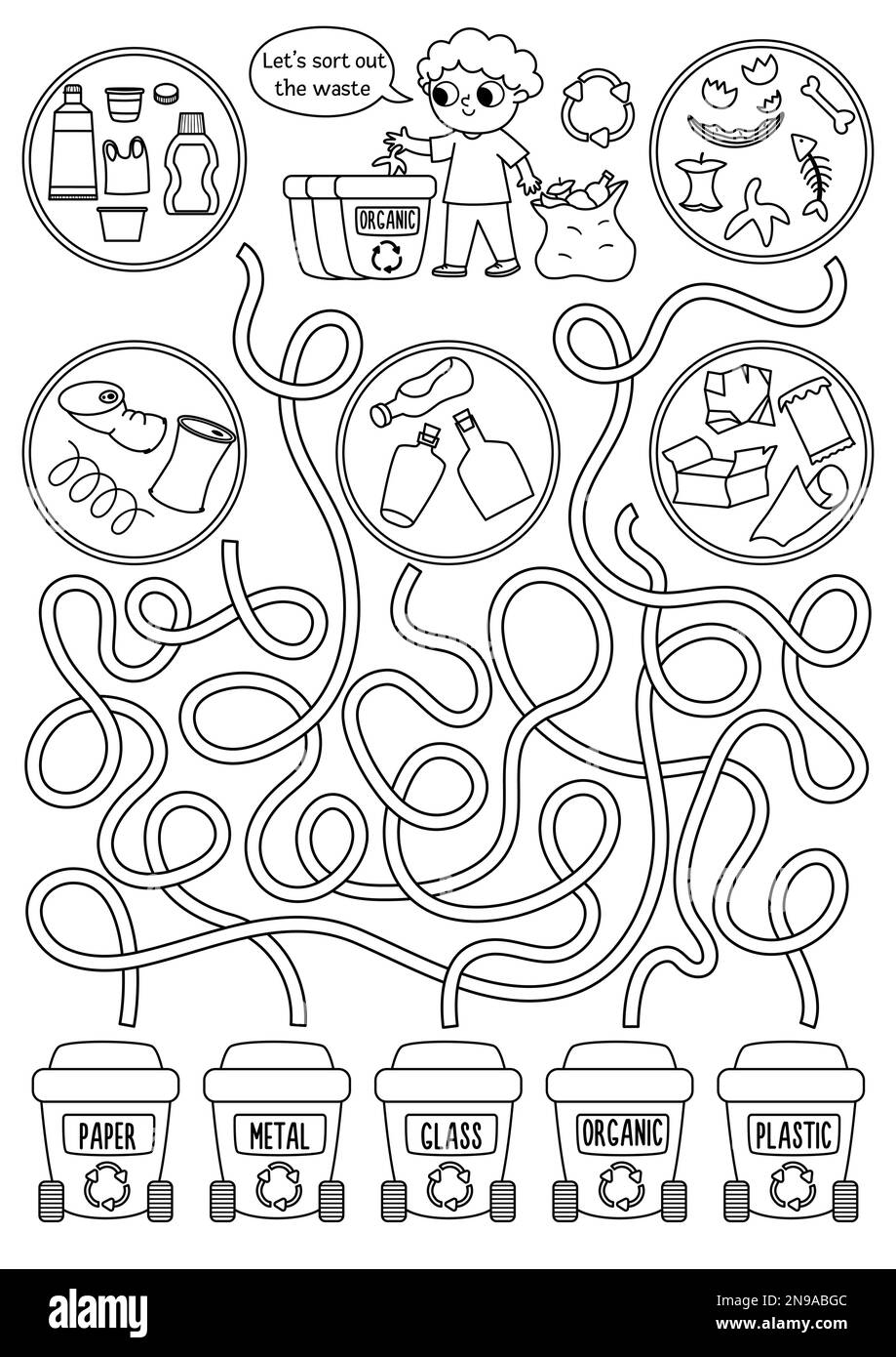 Ecological black and white maze for children with kid sorting out the ...
