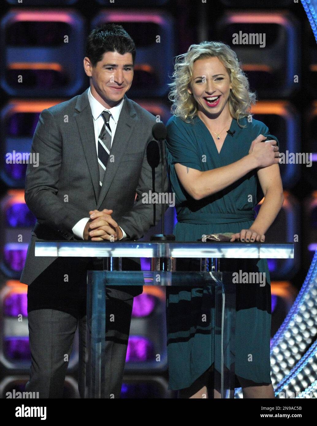 Michael Fishman and Alicia Goranson appear on stage at the Comedy ...