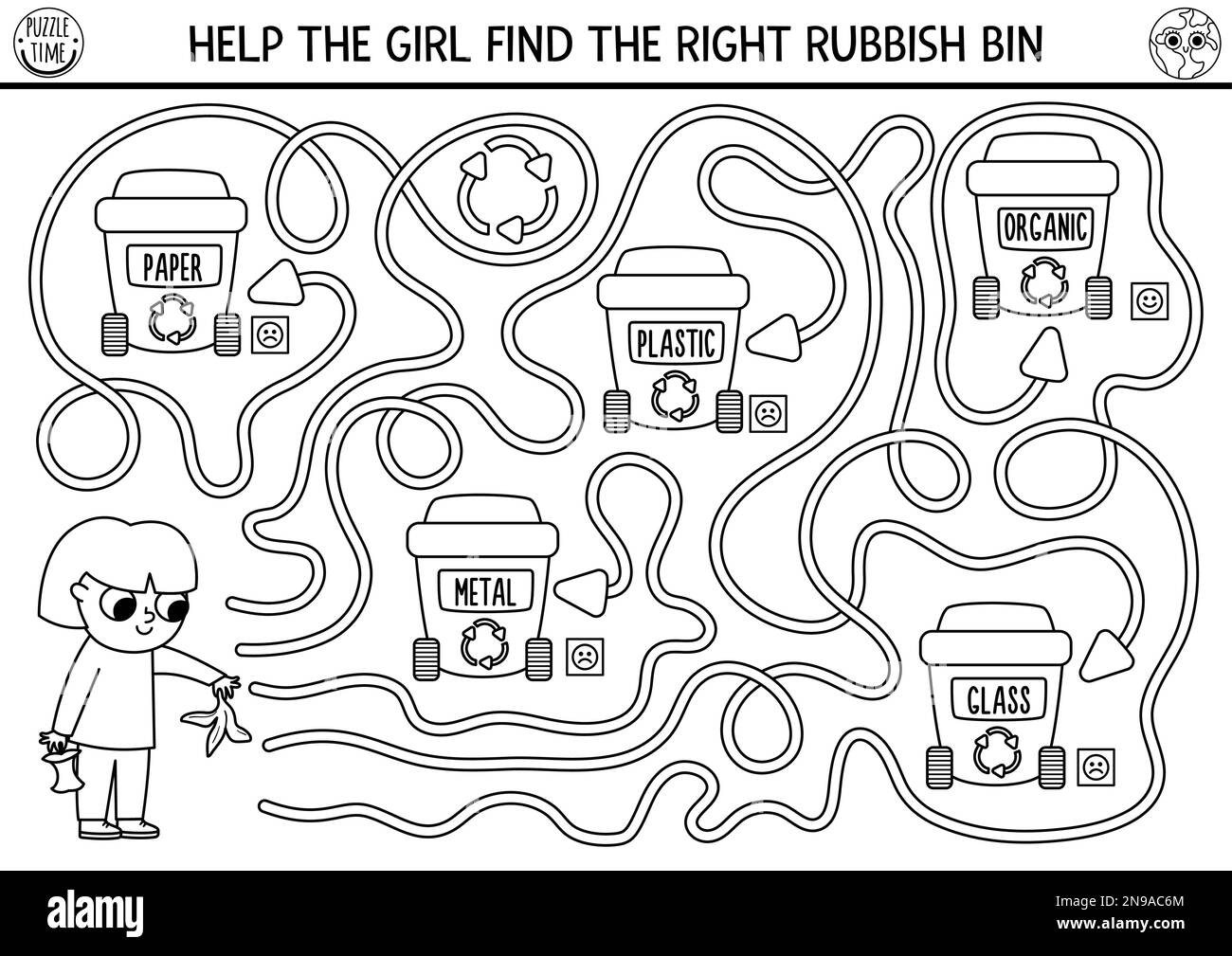 Ecological black and white maze for children with girl sorting out the ...