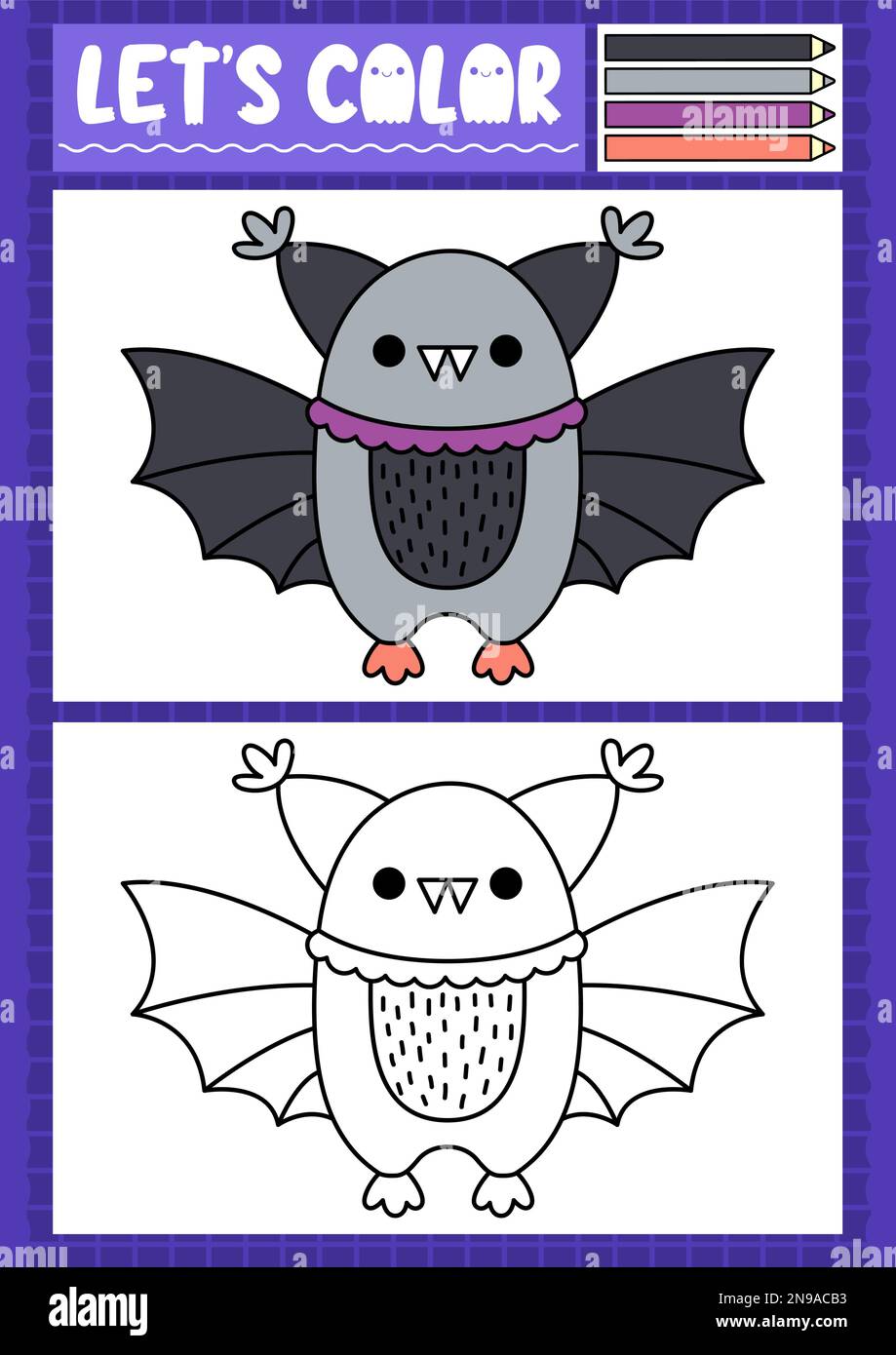 Halloween coloring page for children with cute kawaii bat. Vector ...