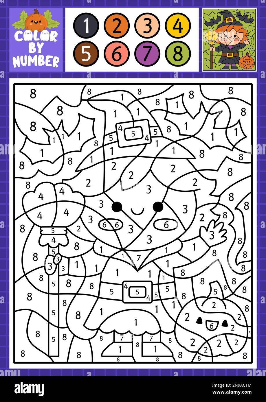 Vector Halloween color by number activity with cute kawaii witch and ...