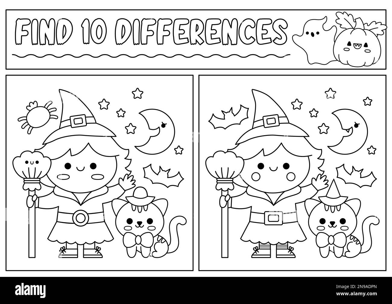 Halloween black and white find differences game for children. Attention ...